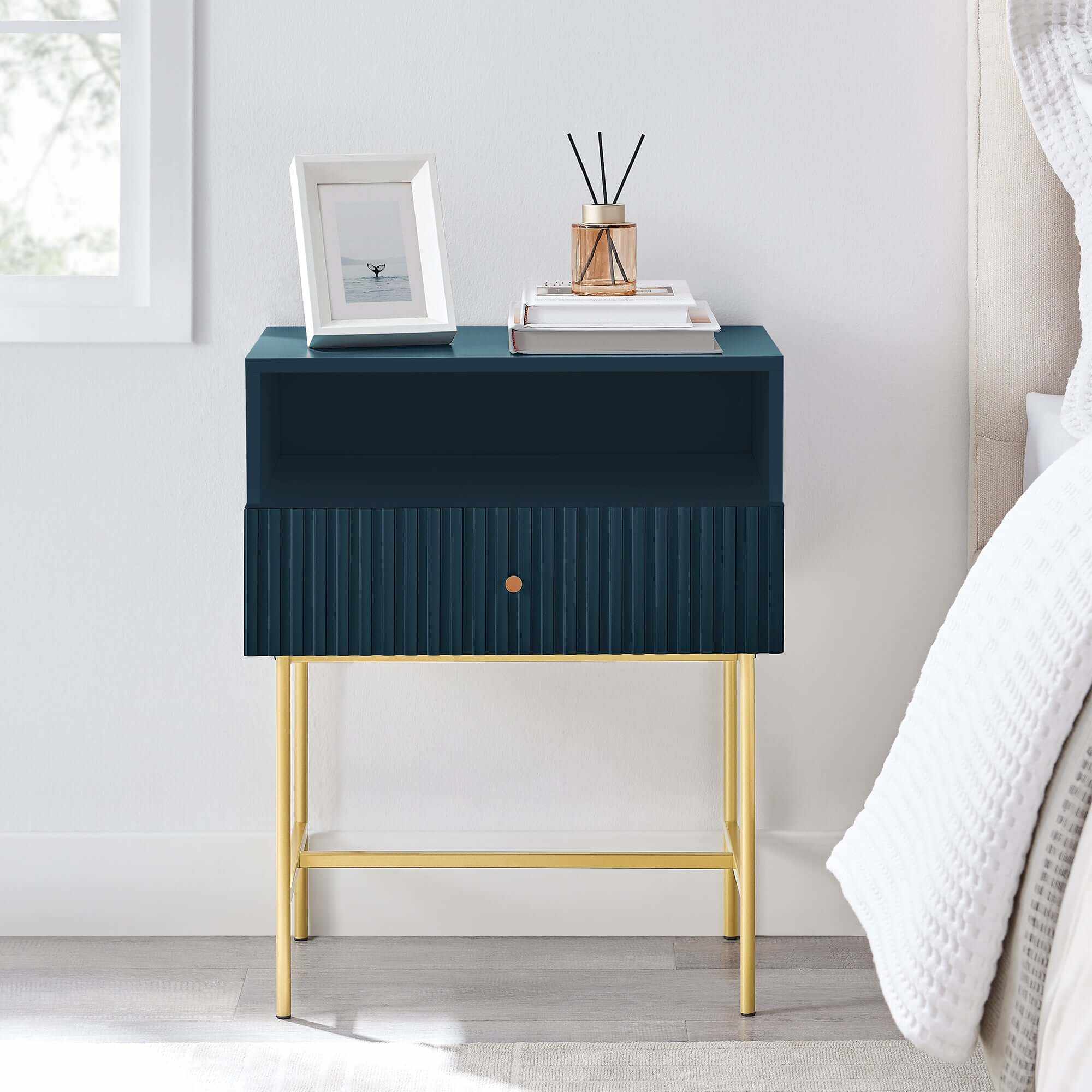 Blue Bedside Table - Lucia Slender Fluted, 60cm H x 48cm W